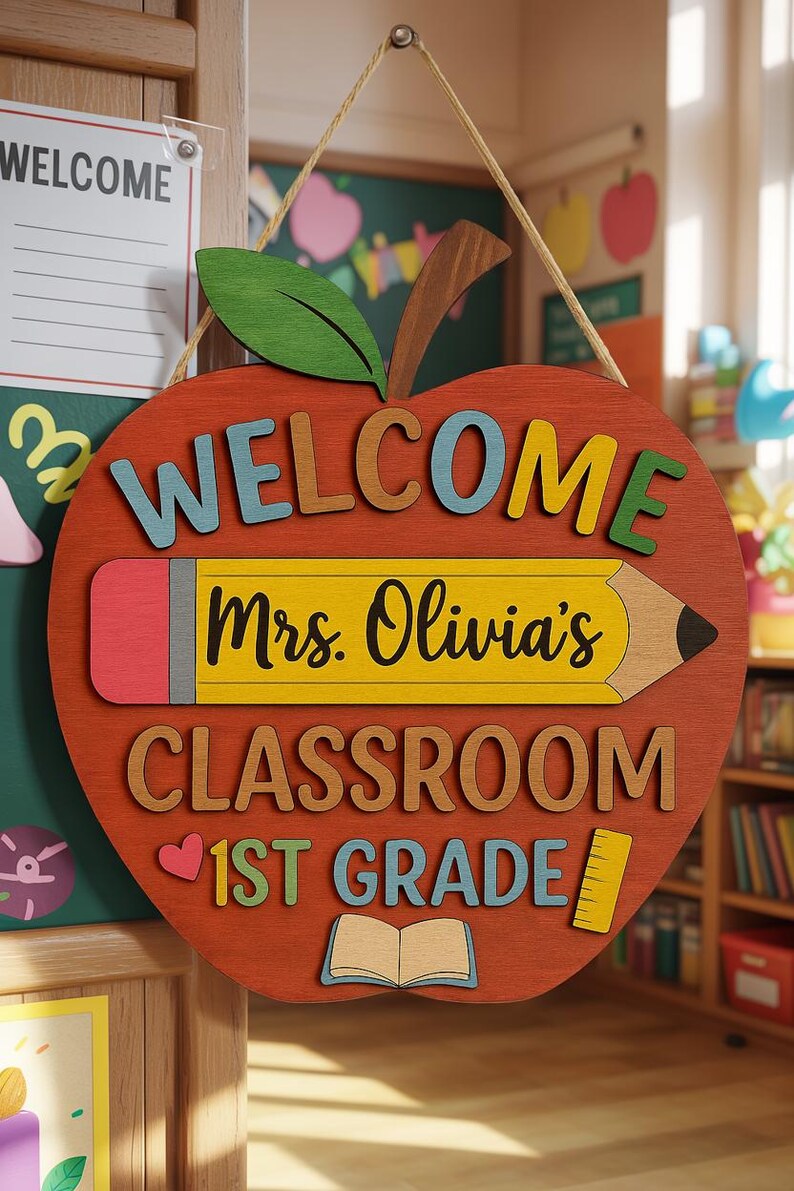 Personalized Apple Door Sign, Teacher Door Sign, Welcome Teacher Sign ...