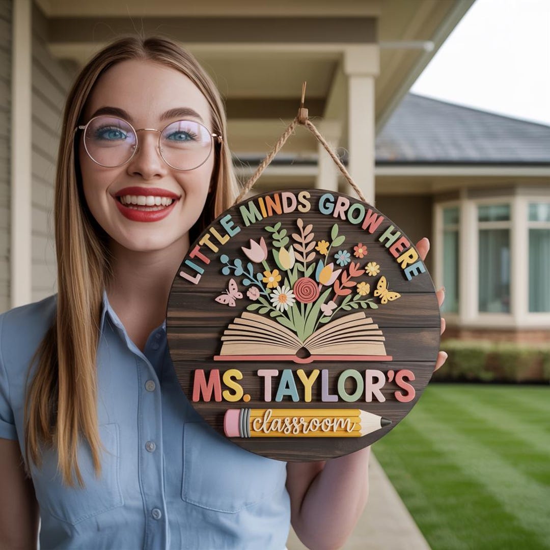 Personalized 3D Teacher Door Hanger, Little Minds Grow Here Sign ...