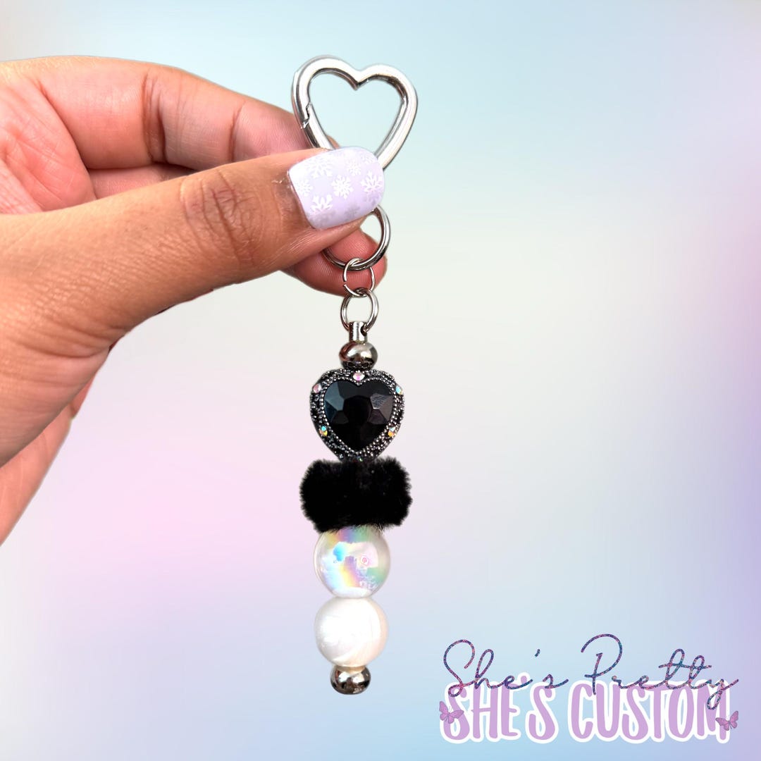 Adorable Black Handmade Crystal Heart Keychain Beaded Keychain With ...