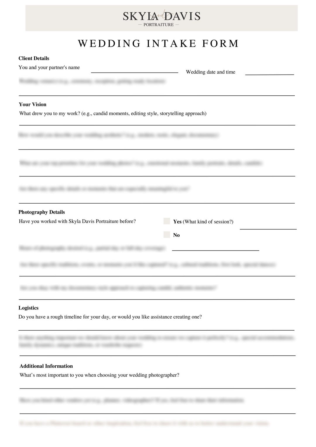 Wedding Intake Form Template for Photographers Customizable and ...