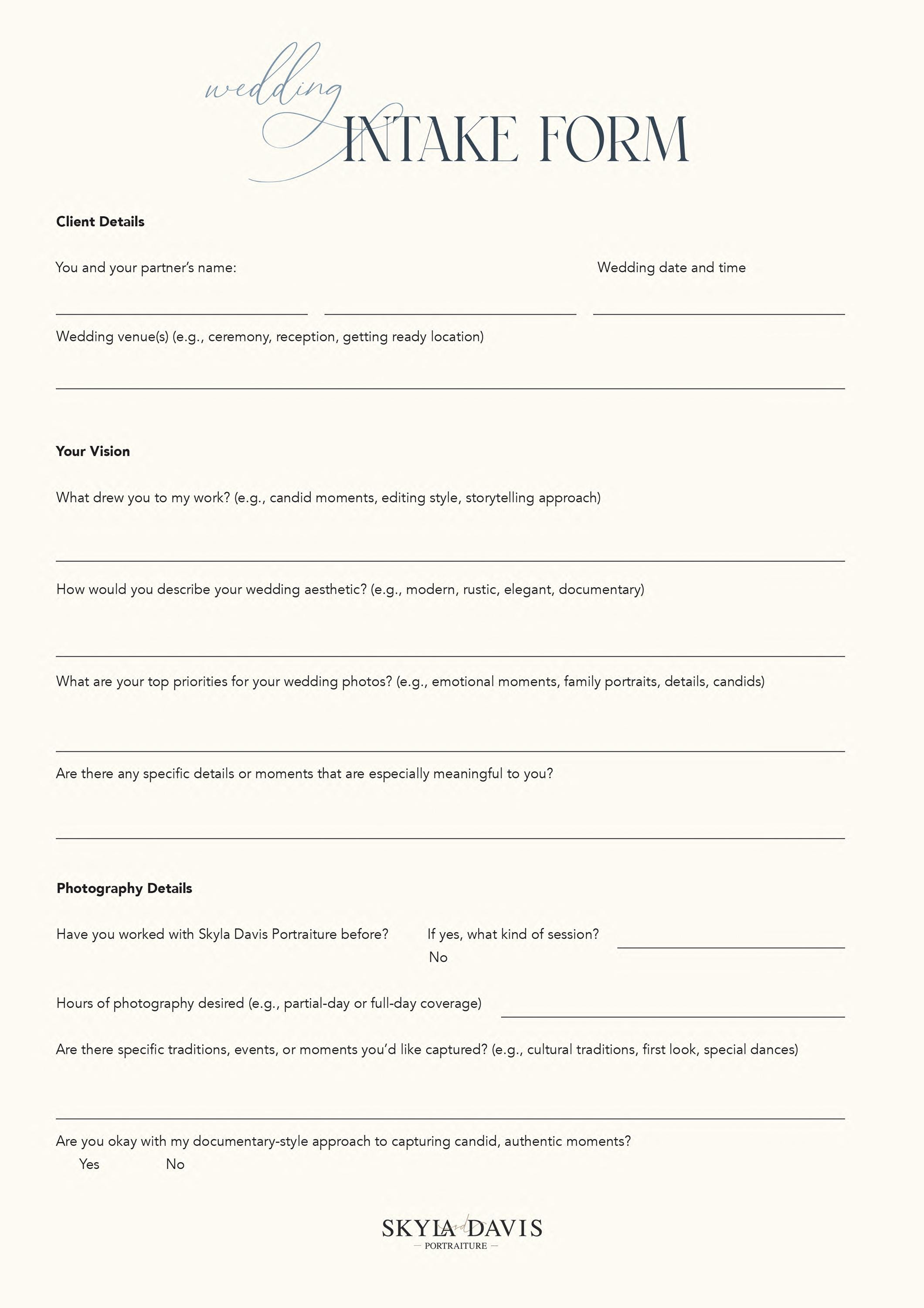 Wedding Photography Intake Form - Etsy