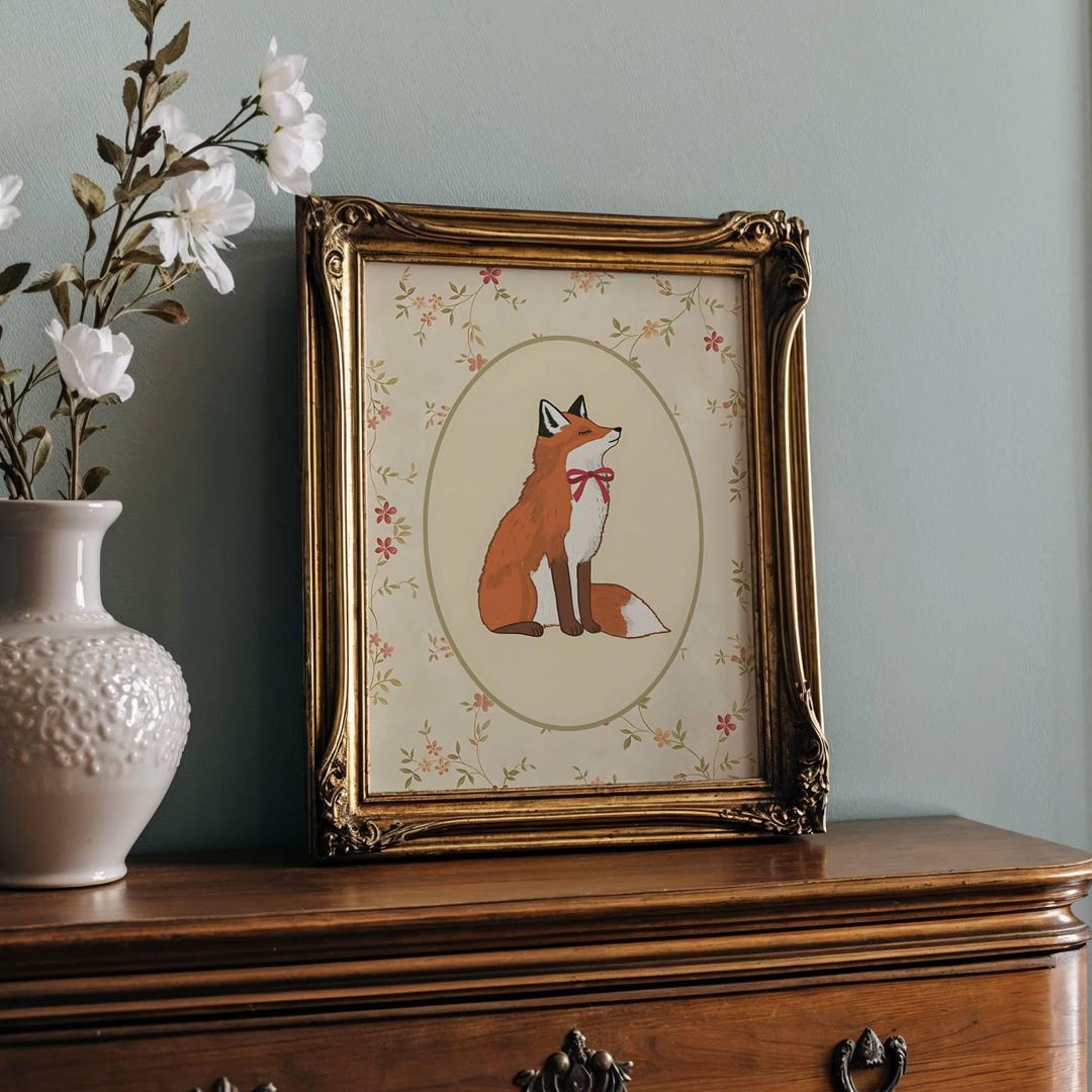 Floral Vintage Fox Wall Art Print, Coquette, Woodland Creatures, Flower ...