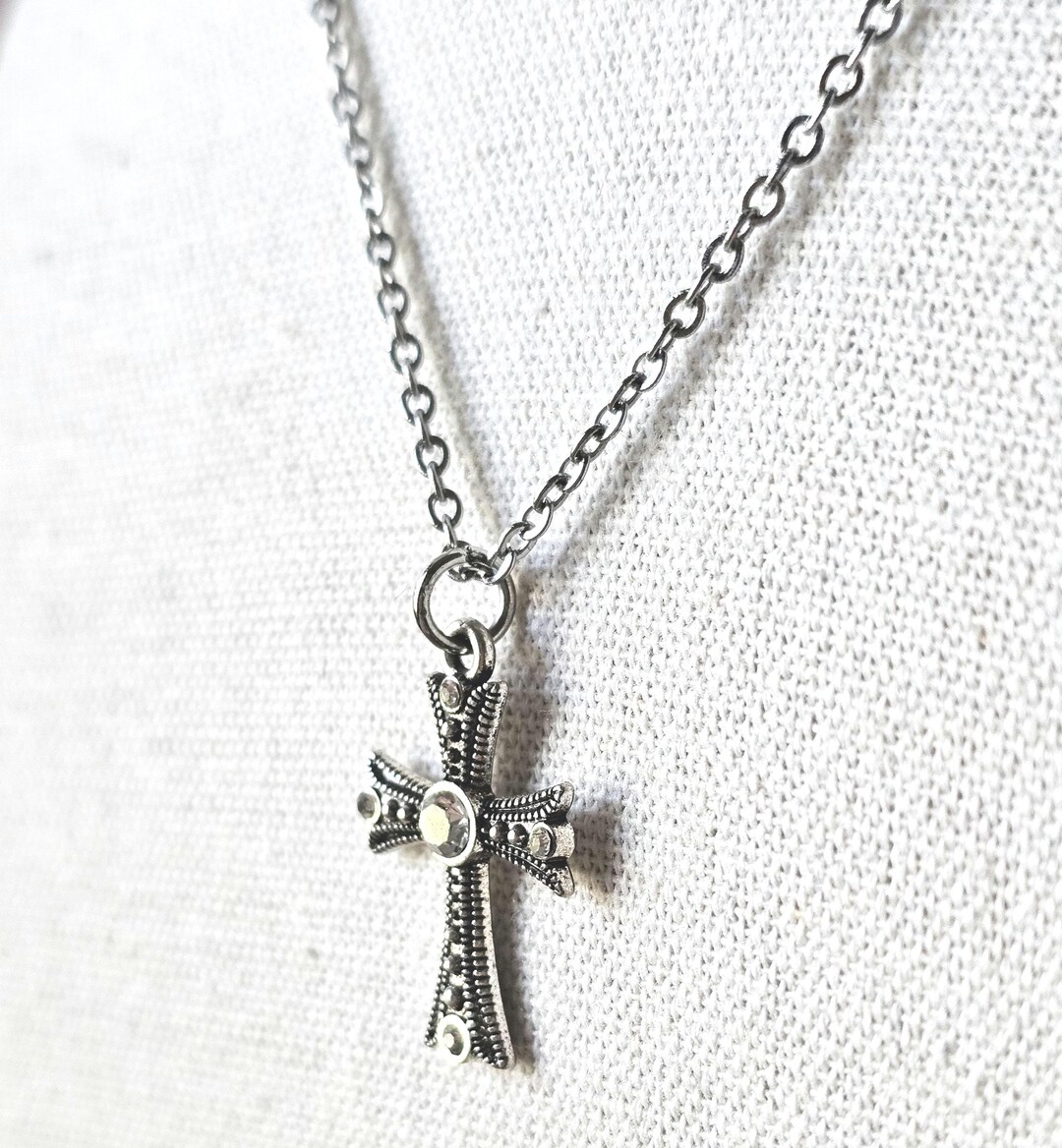 Rhinestone Christian Cross Pendant: Stainless Steel Necklace, 18" - Etsy