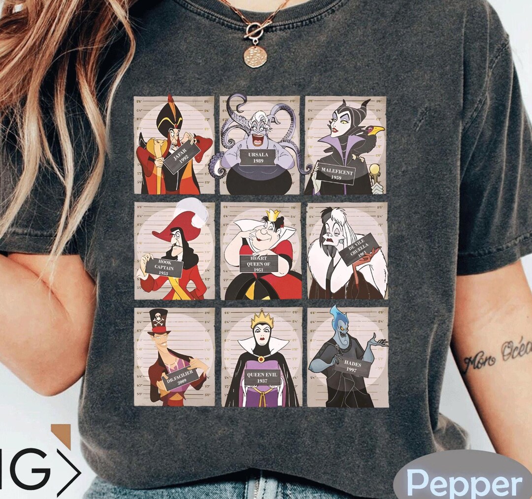 Retro 90s Disney Villains Mugshot Squad T-shirt, Ursula Cruella Evil ...