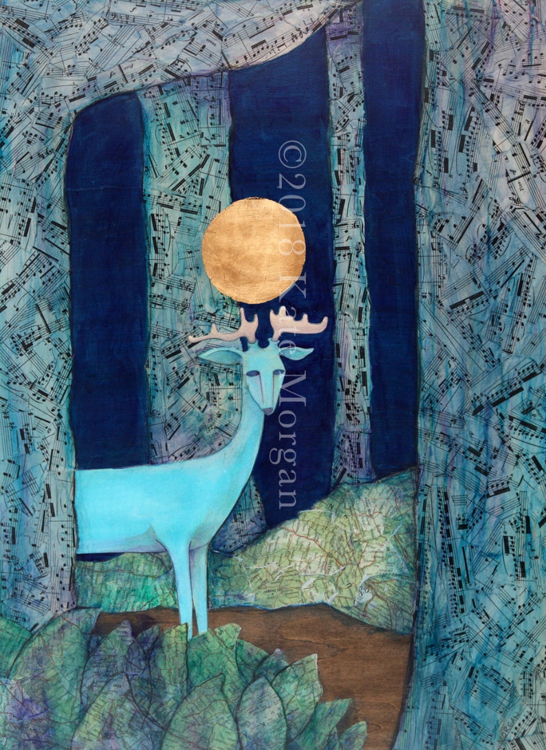 Teal Blue Woodland Deer Stag Exploring a Night Forest Collage | Etsy