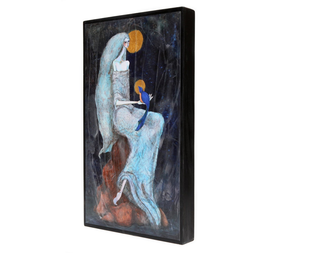 Large Ready to Hang Night Siren Goddess Holding Bird Full Moon Art ...