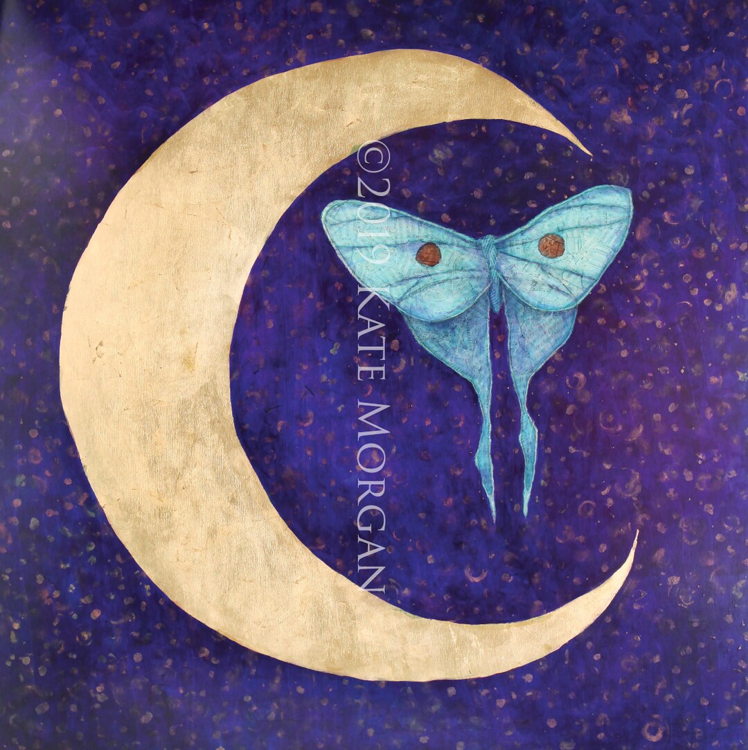 Night Luna Moth Rising With Crescent Moon and Night Stars Symbolic ...