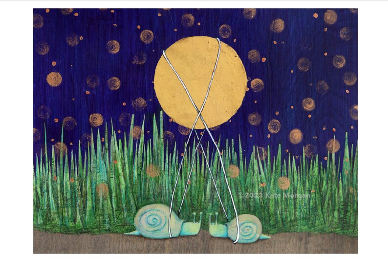 Fantasy Fairytale Snail Pair Catching a Moon With Fireflies Grass ...