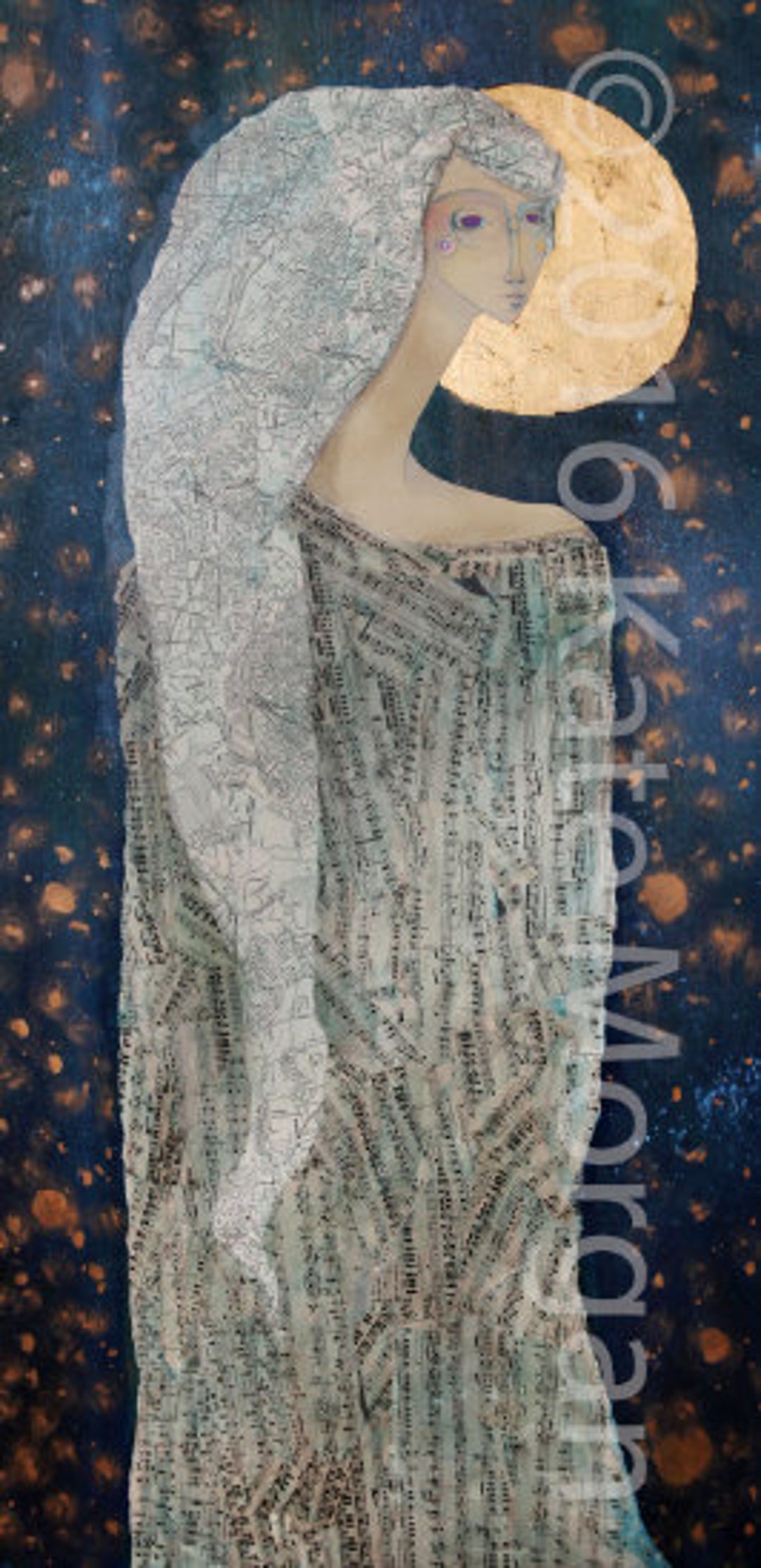 Multi-color Female Goddess Figure Wrapped in Sheet Music Collage Dress ...