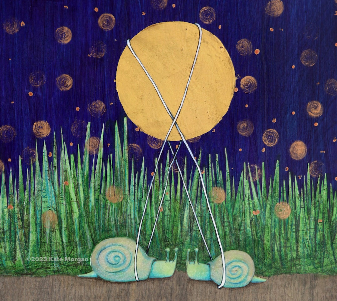 Fantasy Fairytale Snail Pair Catching a Moon With Fireflies Grass ...