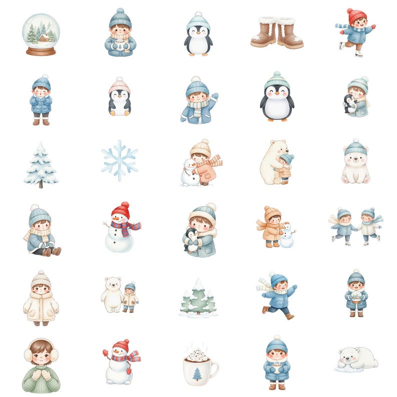 Cute Winter Clipart Bundle – Watercolor Snowman PNG Set – Cozy Winter ...