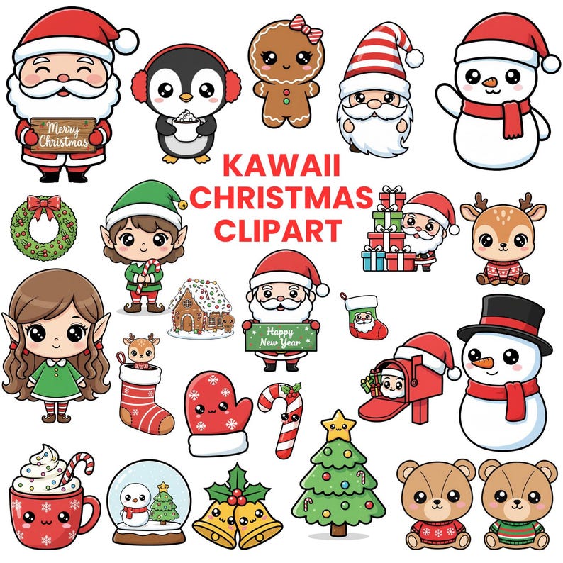 Kawaii Christmas Clipart – Cute Holiday PNG Bundle – Santa, Reindeer ...