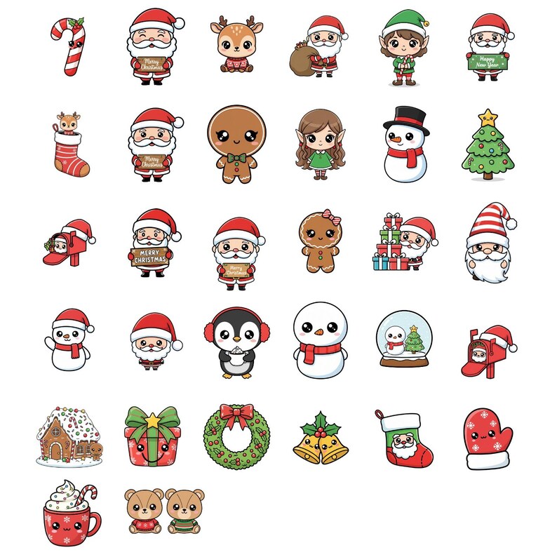 Kawaii Christmas Clipart – Cute Holiday PNG Bundle – Santa, Reindeer ...