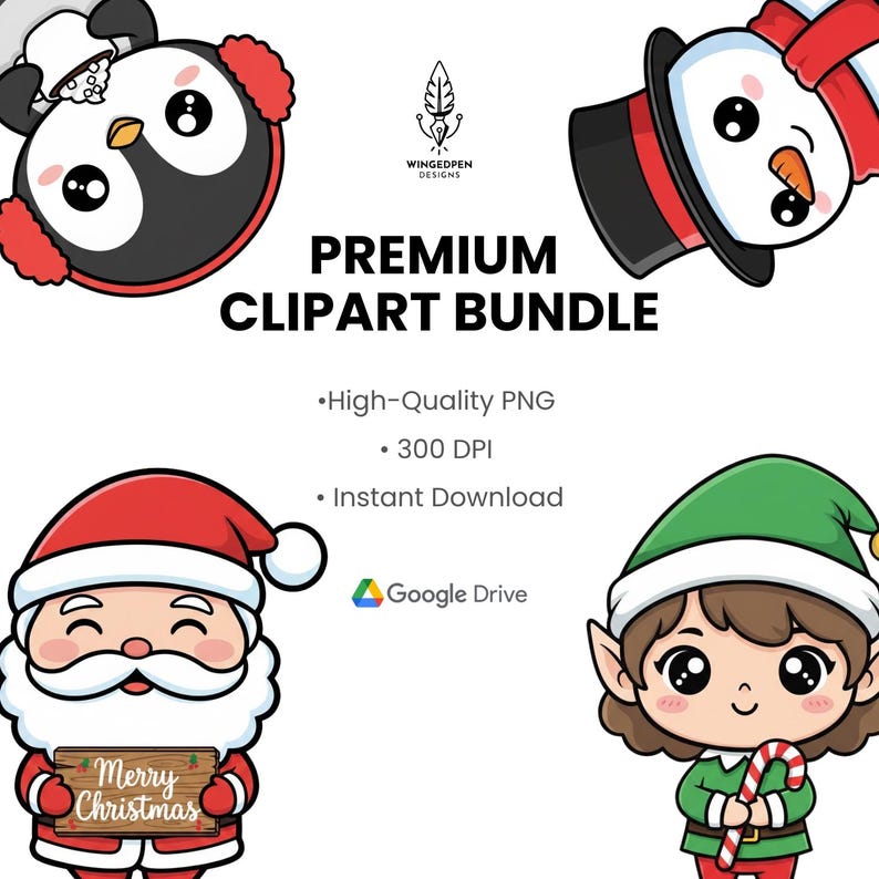 Kawaii Christmas Clipart – Cute Holiday PNG Bundle – Santa, Reindeer ...
