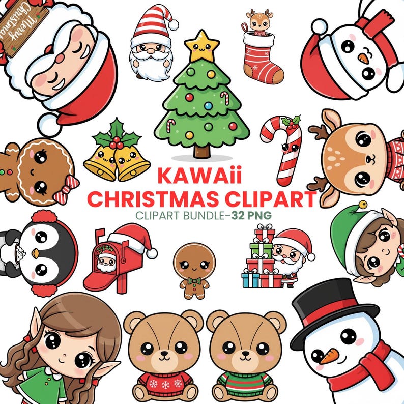 Kawaii Christmas Clipart – Cute Holiday PNG Bundle – Santa, Reindeer ...