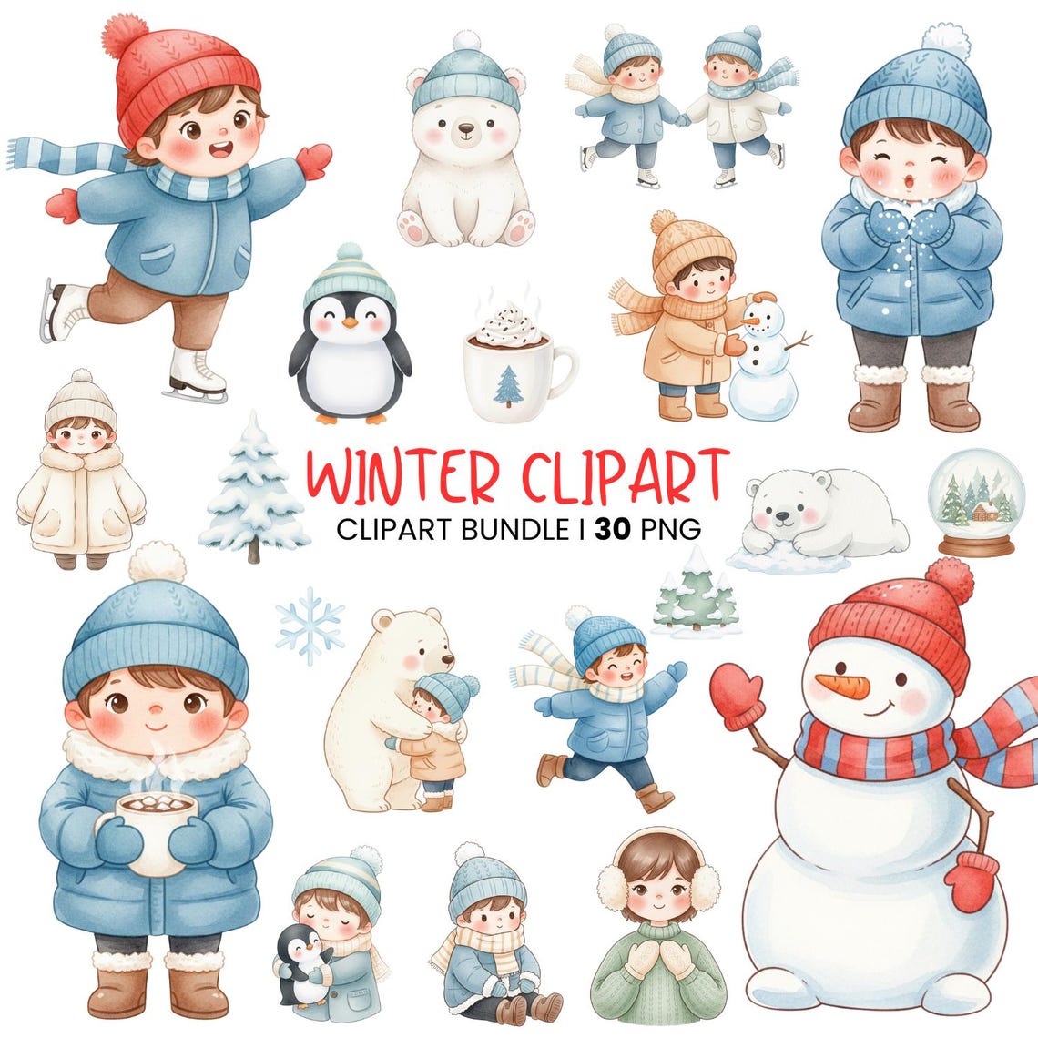 Cute Winter Clipart Bundle – Watercolor Snowman PNG Set – Cozy Winter ...