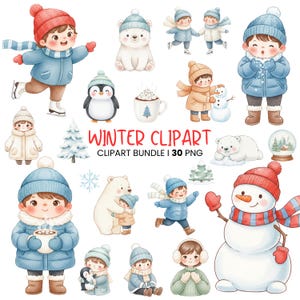 Cute Winter Clipart Bundle – Watercolor Snowman PNG Set – Cozy Winter ...