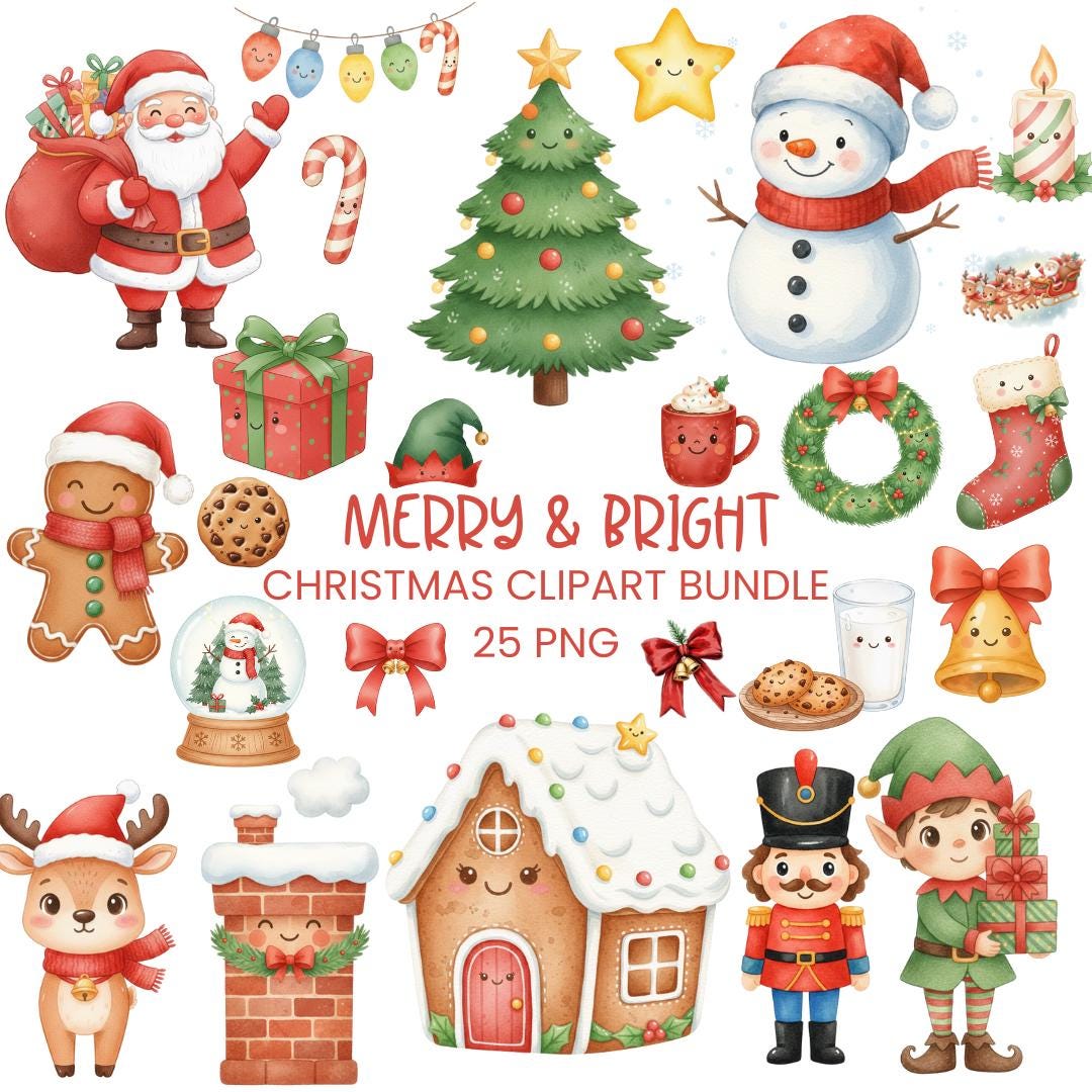 Christmas Clipart Bundle – Watercolor Holiday PNG Bundle – Santa, Tree ...