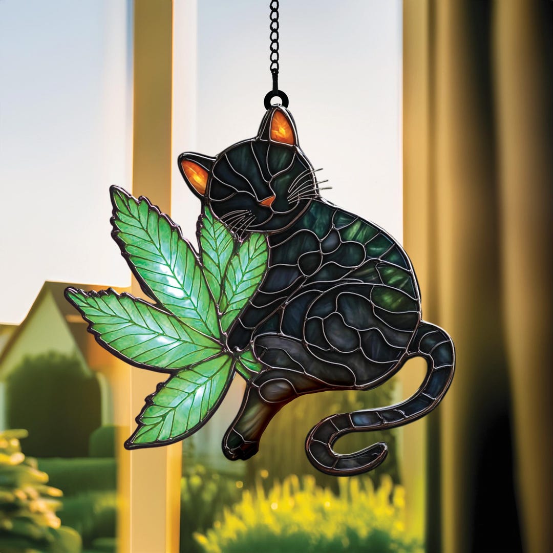 Cat With Weed Leaf Suncatcher, Acrylic Hanging Art for 420 Room Decor ...