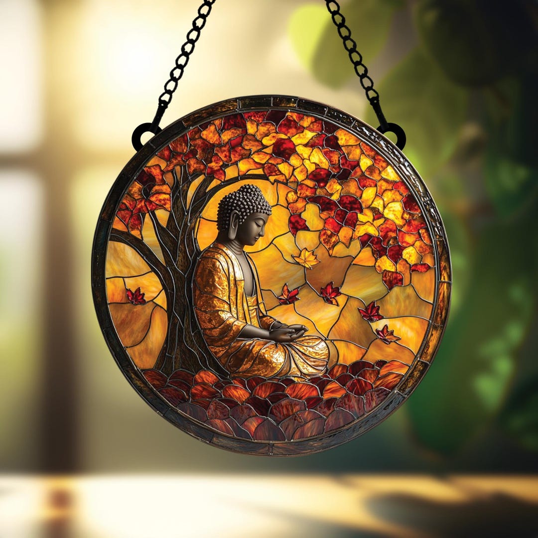 Buddha Suncatcher Under Autumn Tree With Falling Leaves, Peaceful ...