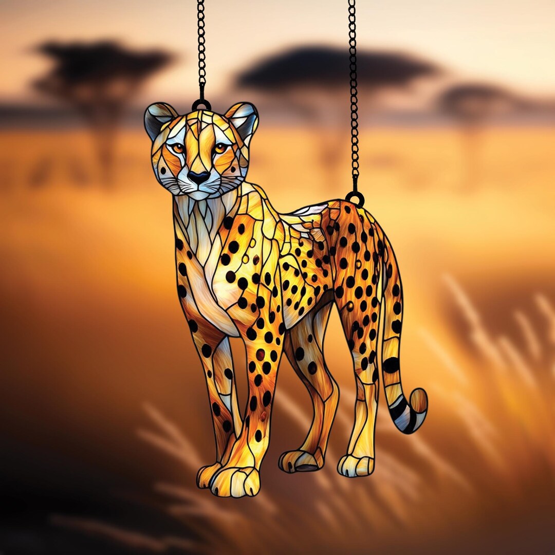 Faux Stained Glass Cheetah Window Hanging, Acrylic Wild Animal ...