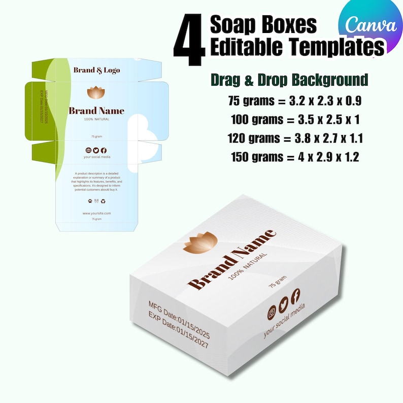 Rectangular Soap Box Template for Canva, Editable Unique Soap Packaging ...