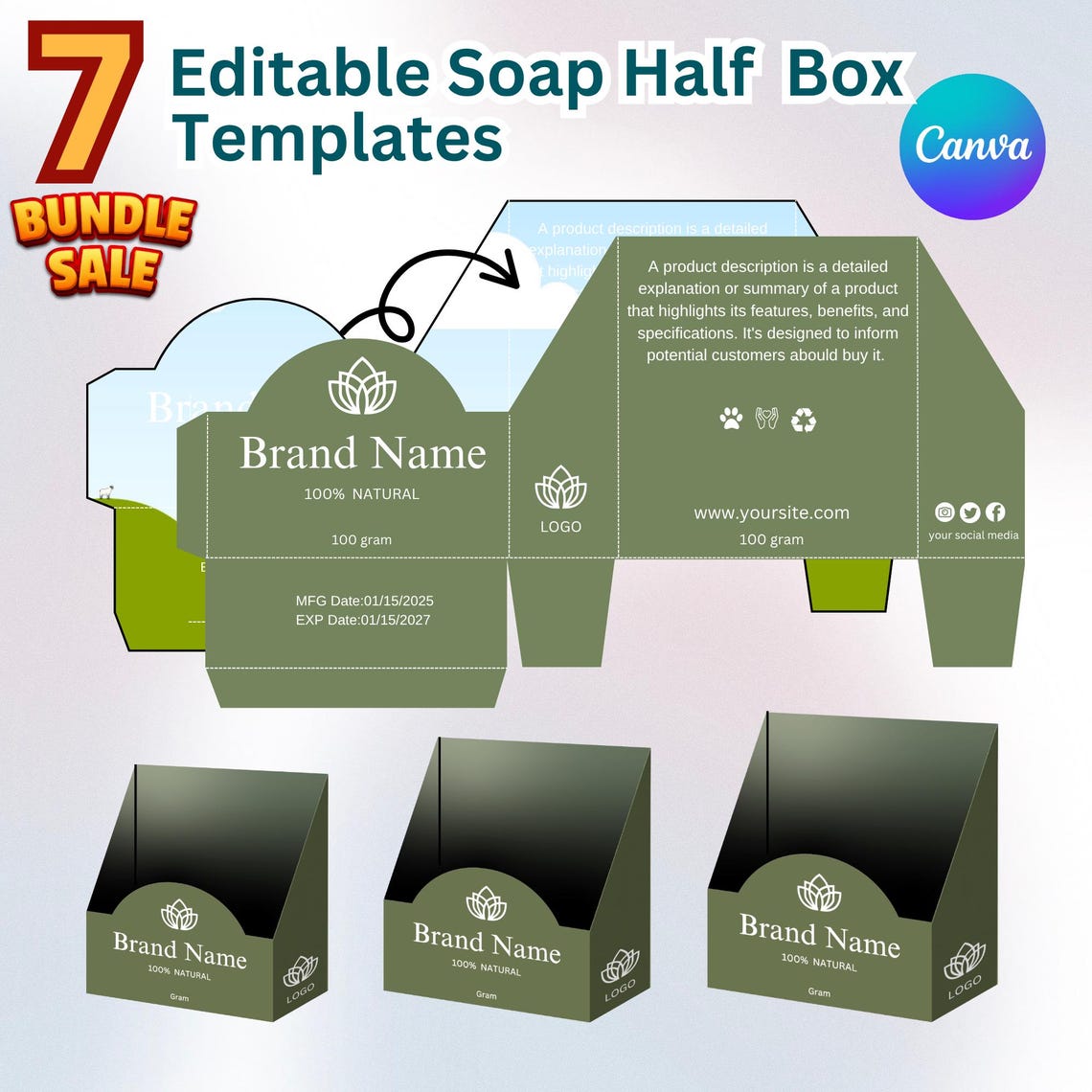 Editable Soap Bar Half Box Template Bundle for Canva, Custom Soap Box ...