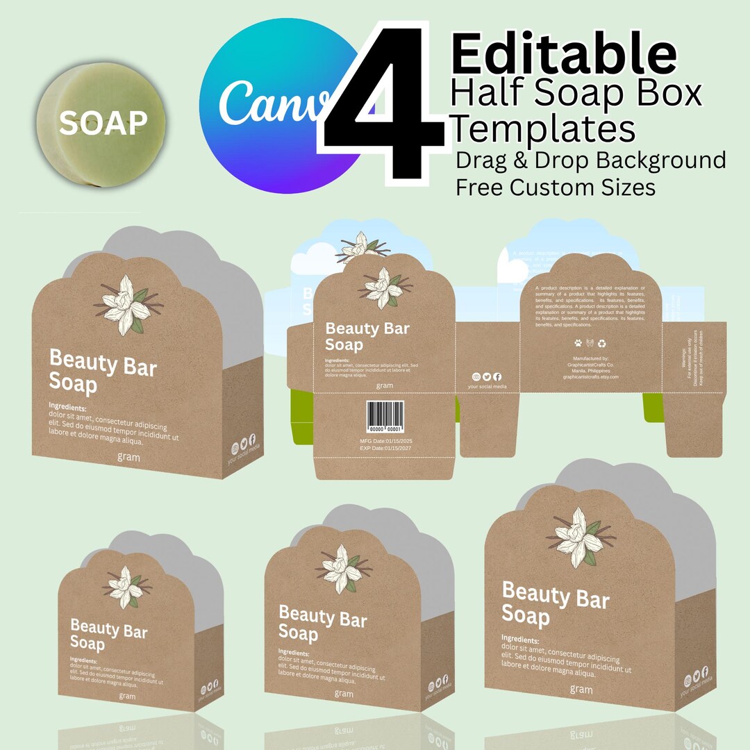 Editable Half Soap Box Template for Canva, Diy Handmade Half Soap Box ...