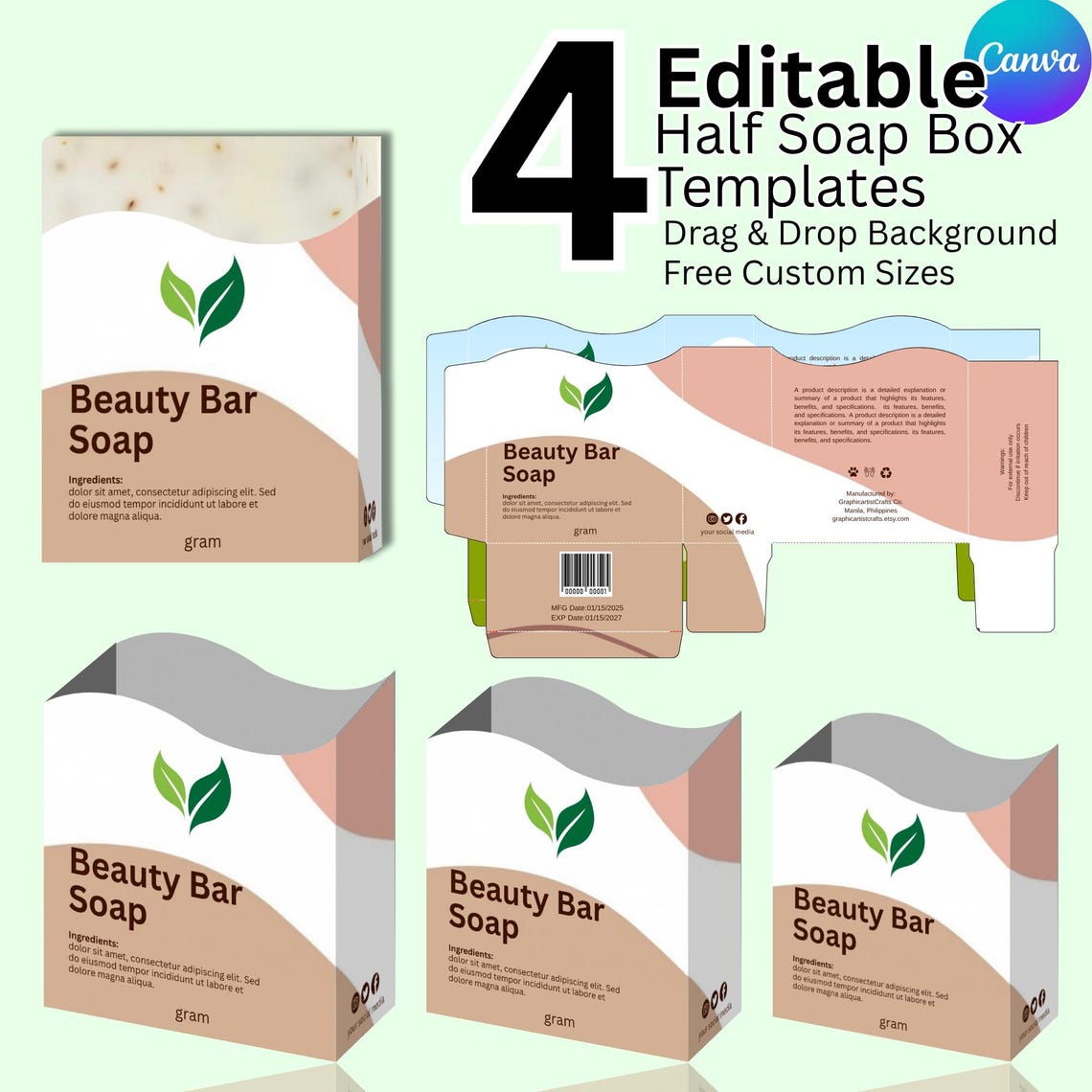 Editable Half Soap Box Template for Canva, Printable Half Soap ...