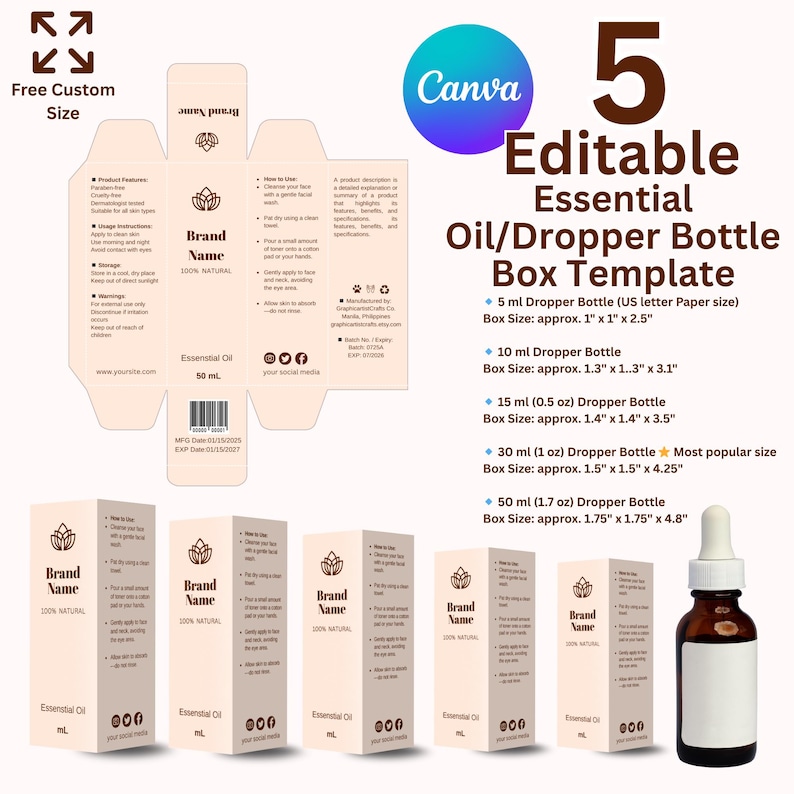 Editable Cosmetic Packaging Box Template for Canva, Custom Skincare ...