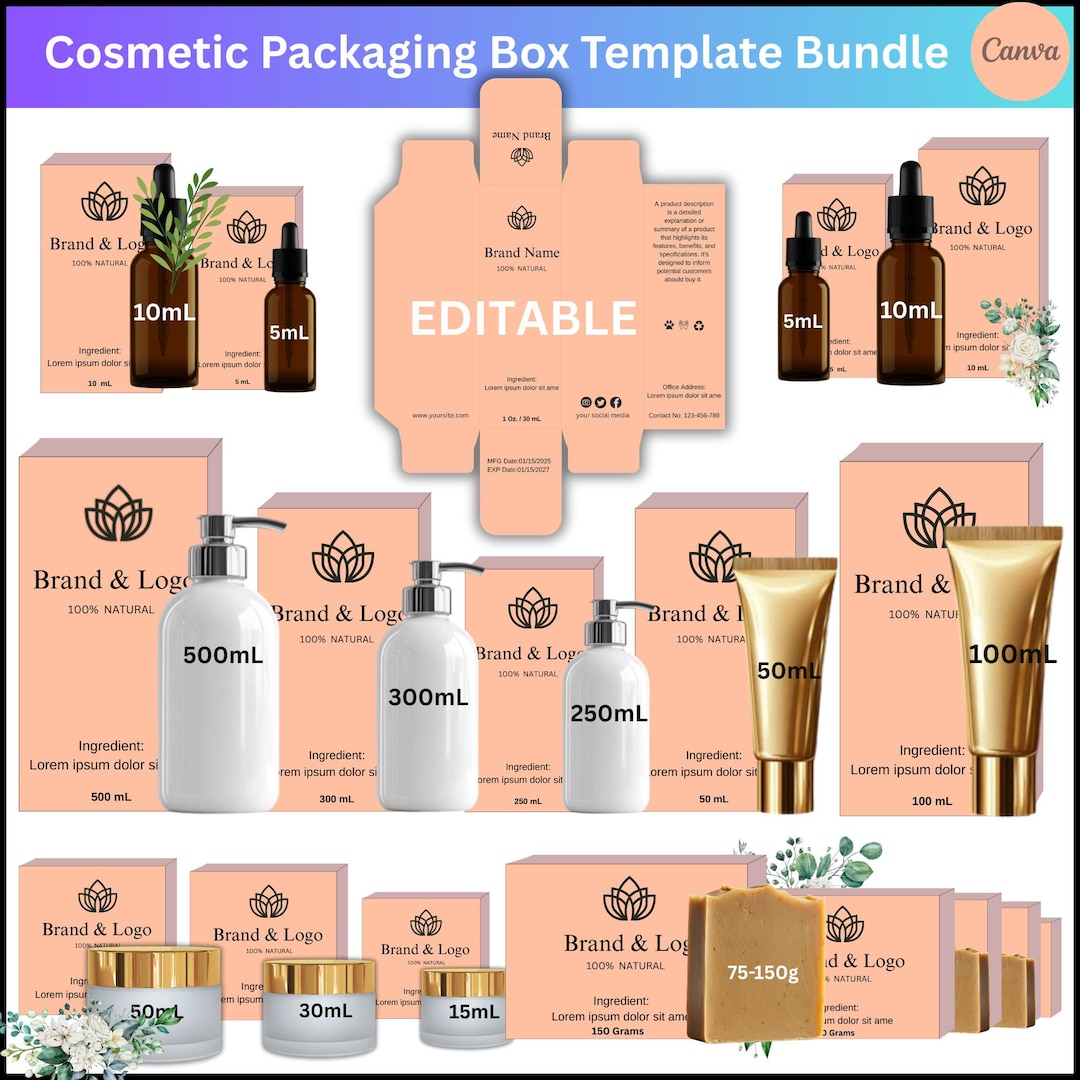 Cosmetic Packaging Box Template Bundle | Editable Packaging Template ...