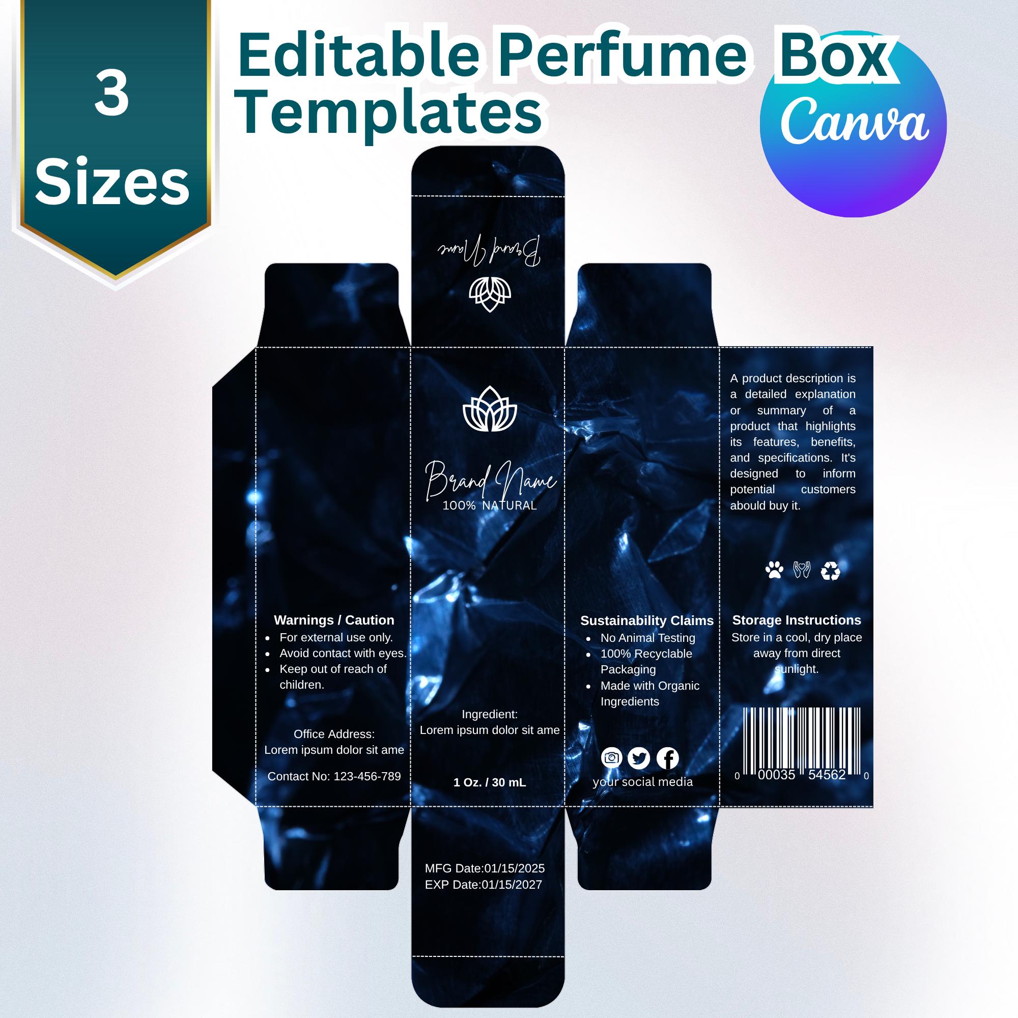 Editable Product Box Template for Canva, Custom Perfume Packaging Box ...