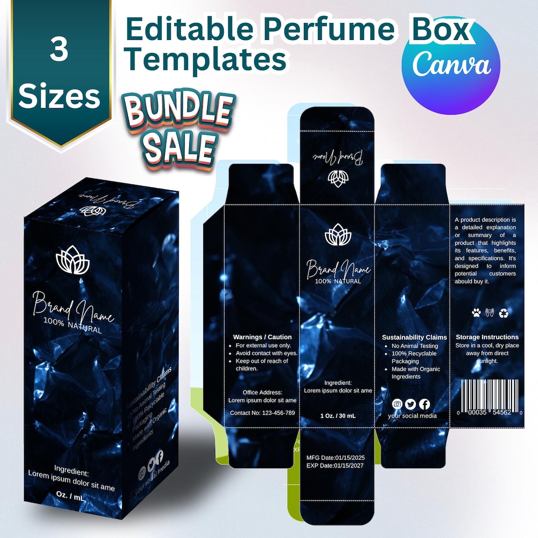 Editable Product Box Template for Canva, Custom Perfume Packaging Box ...