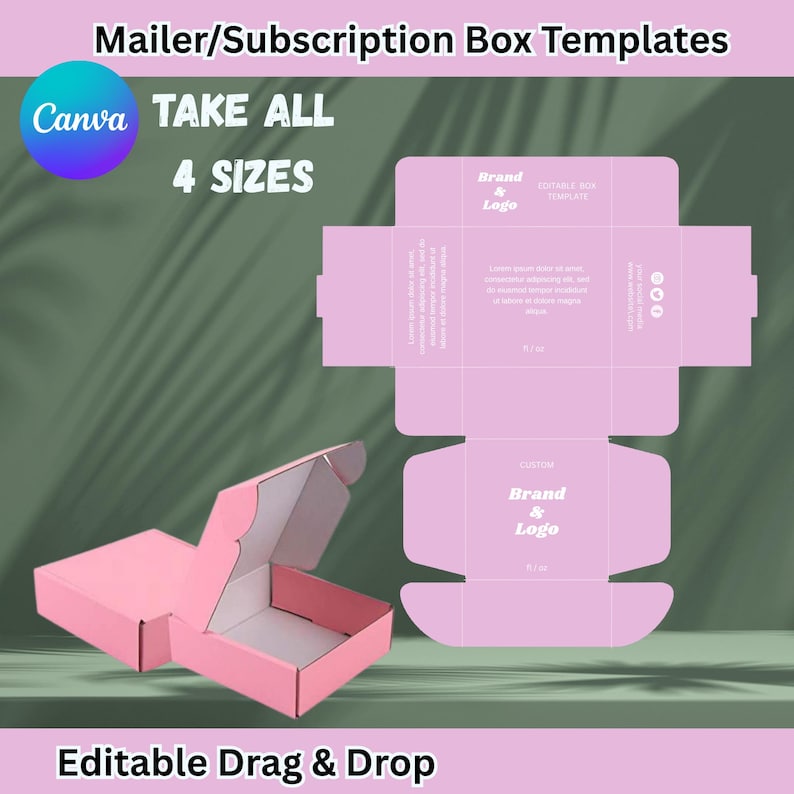 Custom Mailer Box Template, Editable Subscription Box Packaging Template for Canva, Printable ...