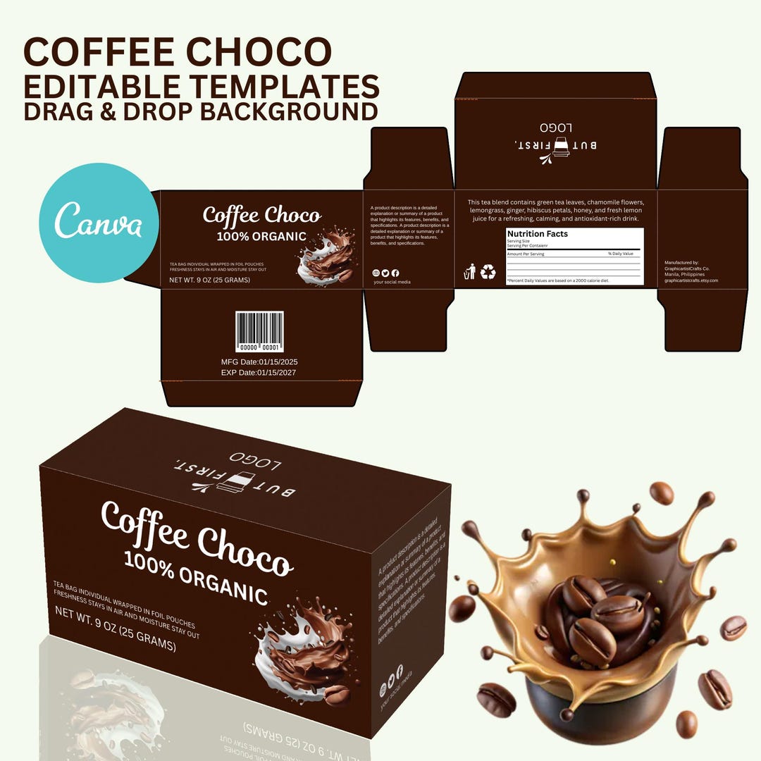 Editable Coffee Box Template Canva, Printable Product Packaging, Custom ...
