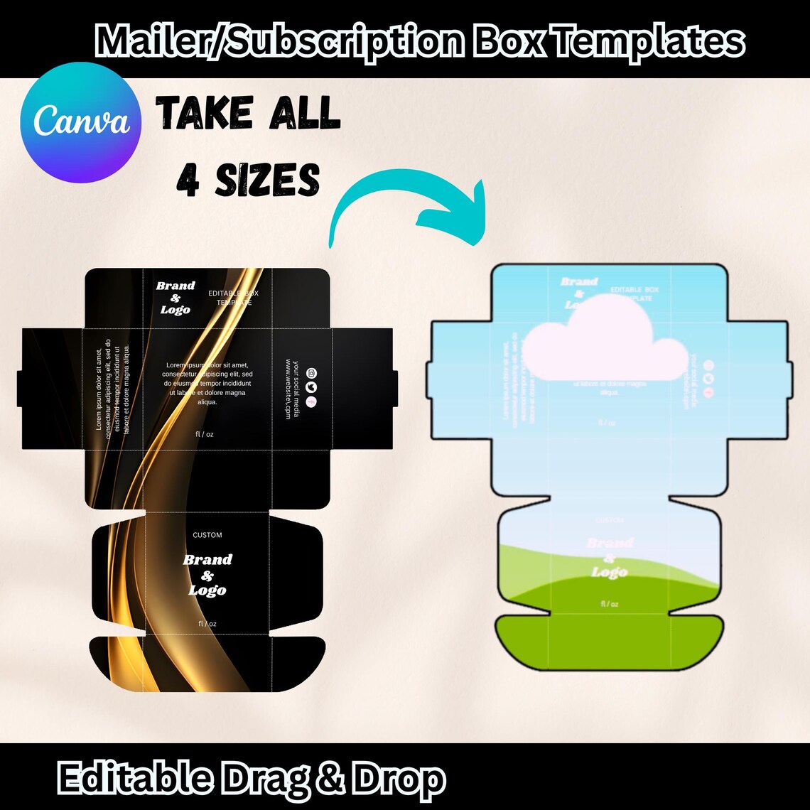Editable Mailer Box Template for Canva, Personalize Shipping Box for ...