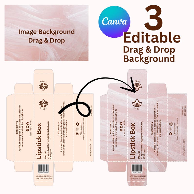 Editable Lipstick Packaging Box Template for Canva, Custom Lip Gloss ...