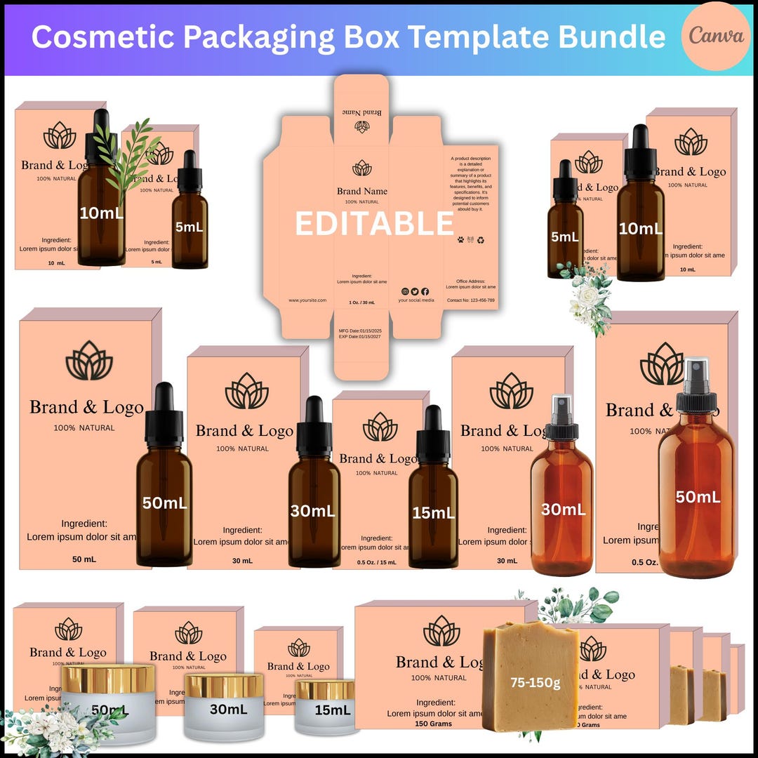 Cosmetic Packaging Box Template Bundle, Editable Packaging Template for ...