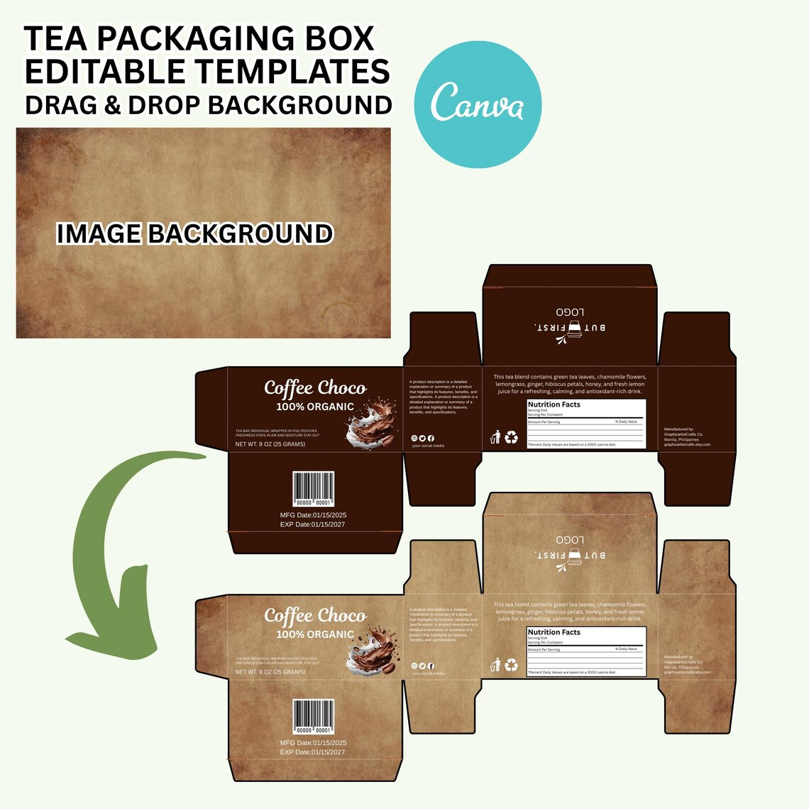 Editable Coffee Box Template Canva, Printable Product Packaging, Custom ...