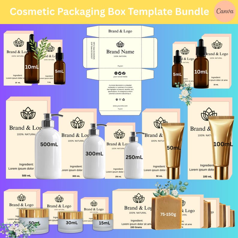 Editable Cosmetic Box Template Bundle in Canva , Custom Product ...