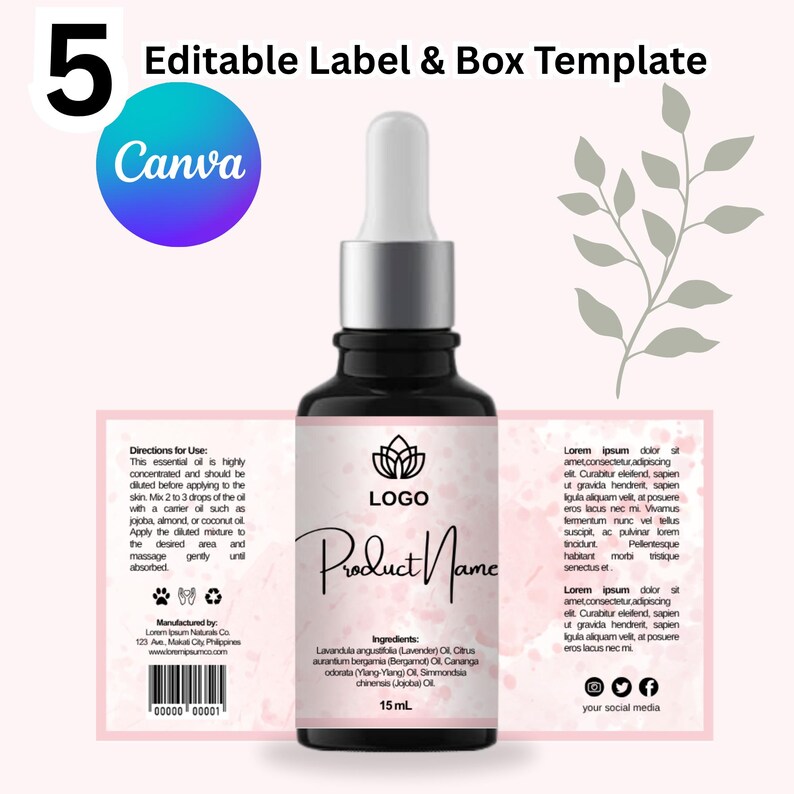 Editable Cosmetic Label & Box Template Bundle for Canva, Custom Essential Oil Dropper Bottle ...