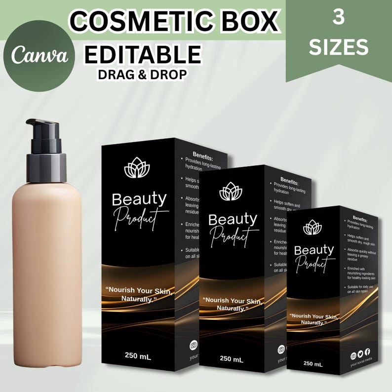 Editable Cosmetic Box Template for Canva, Custom Packaging Box ...