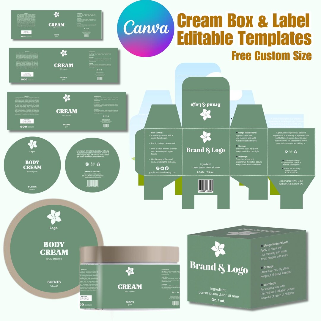 Cream Jar Cosmetic Label and Box Template for Canva, Editable Candle ...