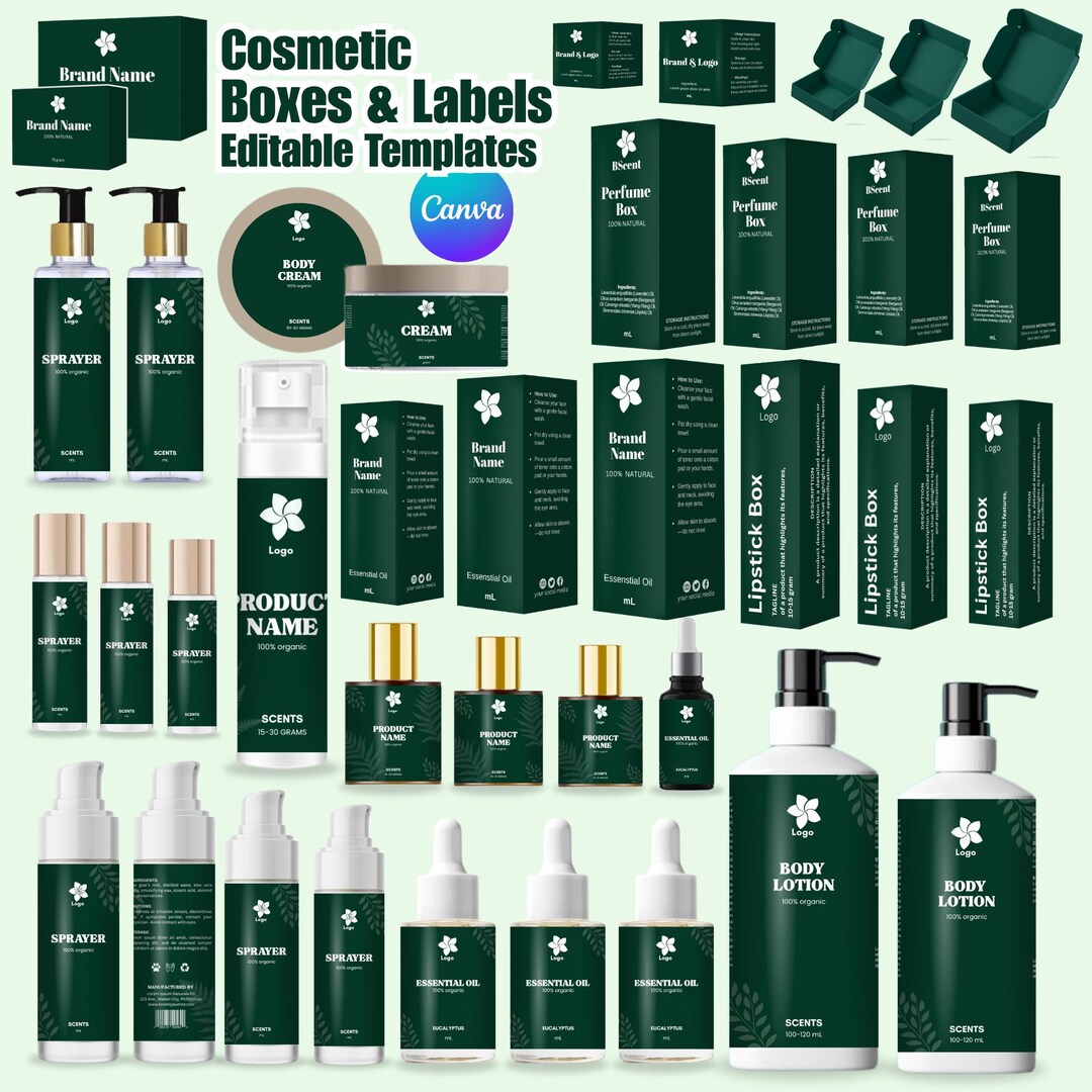 Editable Cosmetic Packaging Box Templates for Canva, Custom Beauty ...