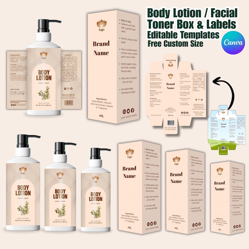 Editable Lotion & Facial Cream Box Template for Canva, Body Lotion ...