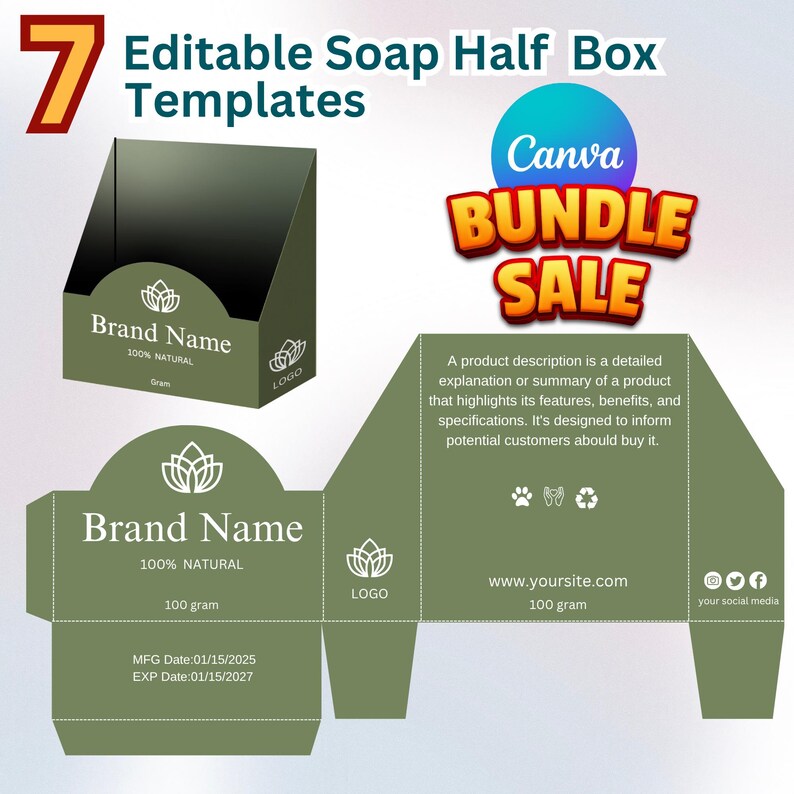 Editable Soap Bar Half Box Template Bundle for Canva, Custom Soap Box ...