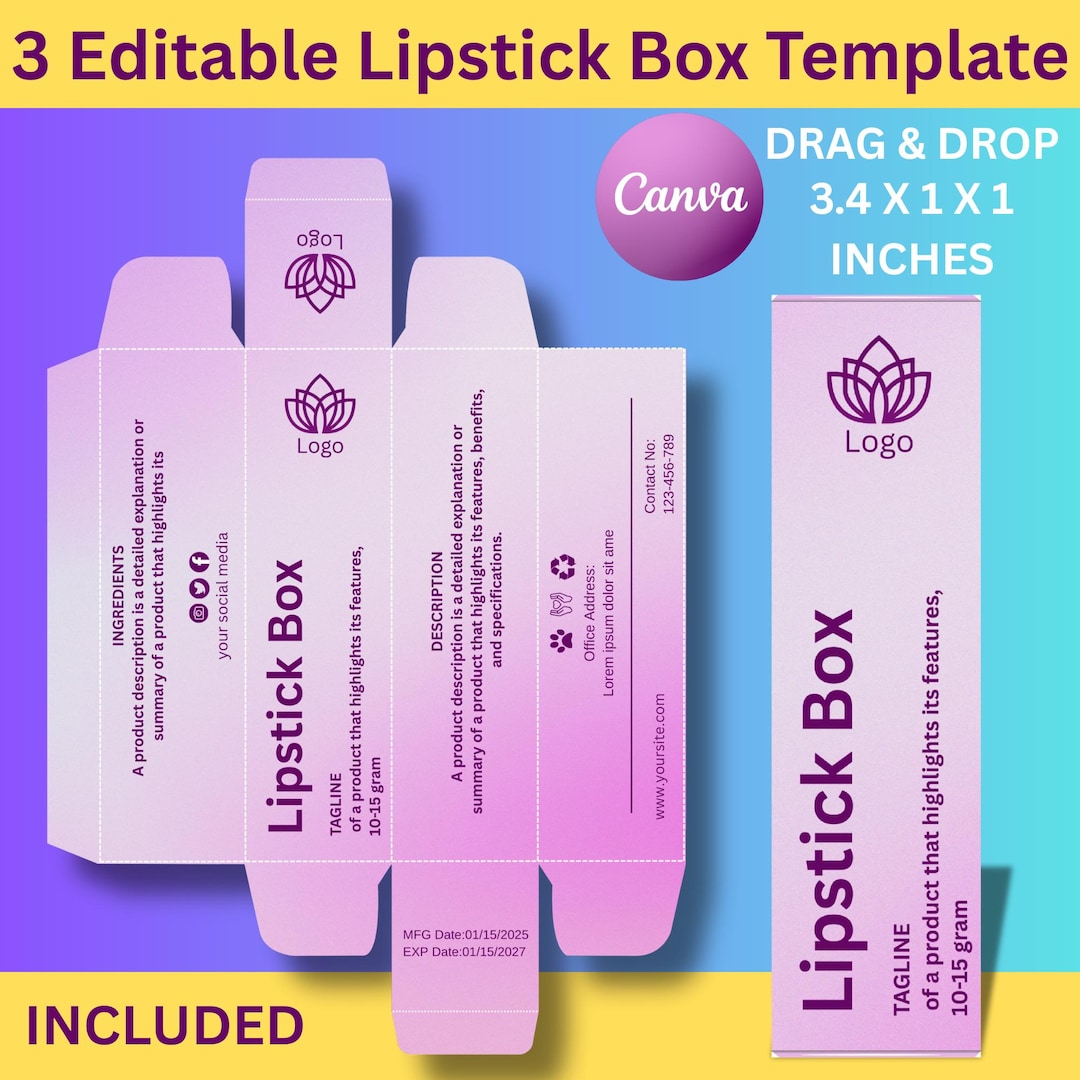 Editable Lipstick Box Template for Canva – Printable Custom Lipstick ...