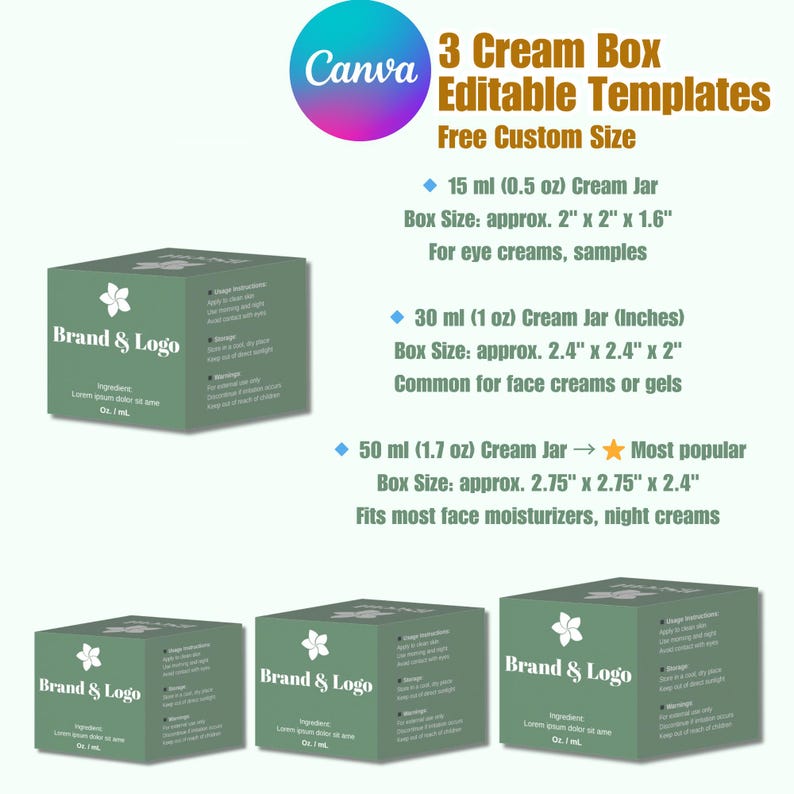 Cream Jar Cosmetic Label and Box Template for Canva, Editable Candle ...