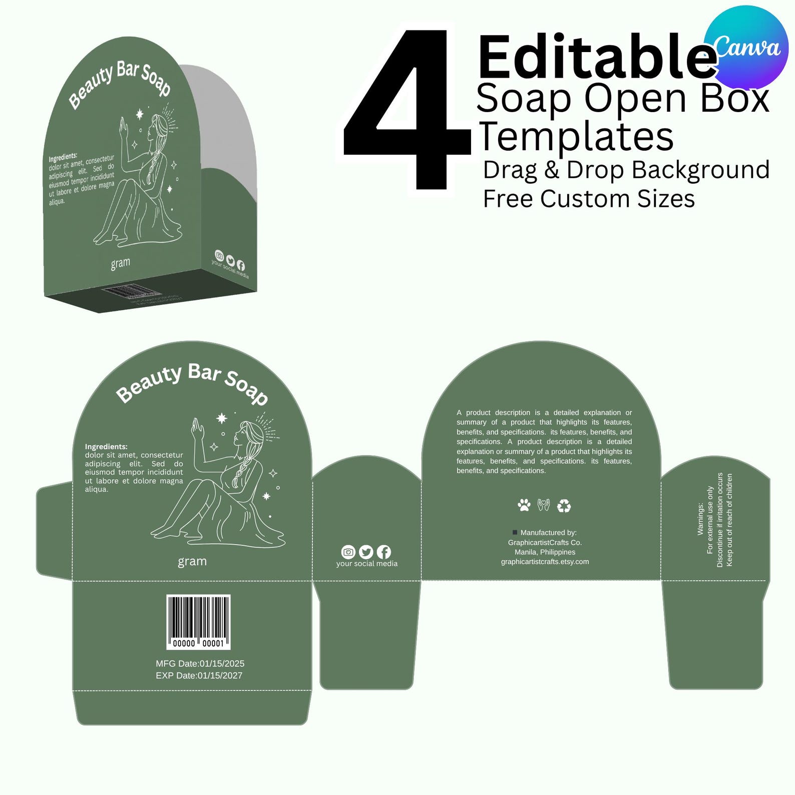 Editable Half Soap Box Template for Canva, Custom Soap Box Design ...