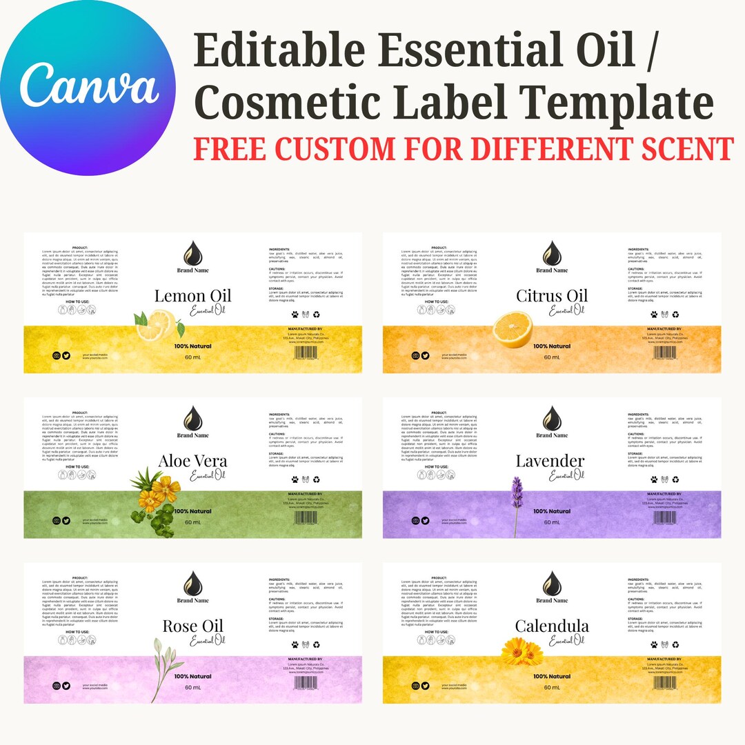 Editable Essential Oil Label Template Canva | Cosmetic Bottle Label ...